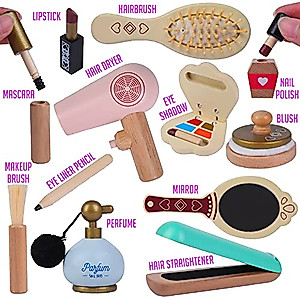 Montessori Mama Makeup and Salon Set - Wooden Pretend Play Beauty Play Makeup Kit with Styling Tools and Cosmetics - Pretend Makeup for Toddlers for 4 Year Old Girl