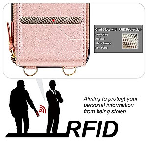KIHUWEY Crossbody Wallet Case for iPhone 13 iPhone 14, Zipper Pocket Case with Card Holder, PU Leather RFID Protective Cover Case with Kickstand Detachable Wrist Strap Lanyard 6.1" (Rose Gold)