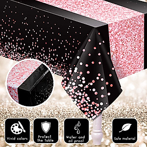 3 Pcs Black Sequin Tablecloth Dining Plastic Table Cover Rectangle Disposable Tablecloth for Graduation Birthday Wedding Anniversary Festive Cocktail Party Supplies, 54 x 108 Inch(Black and Rose Gold)