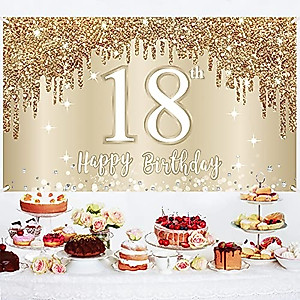 Happy 18th Birthday Banner Backdrop Decorations for Girls, Gold White Sweet 18 Birthday Sign Party Supplies, Eighteen Year Old Birthday Photo Booth Background Poster Decor(72.8 x 43.3 Inch)