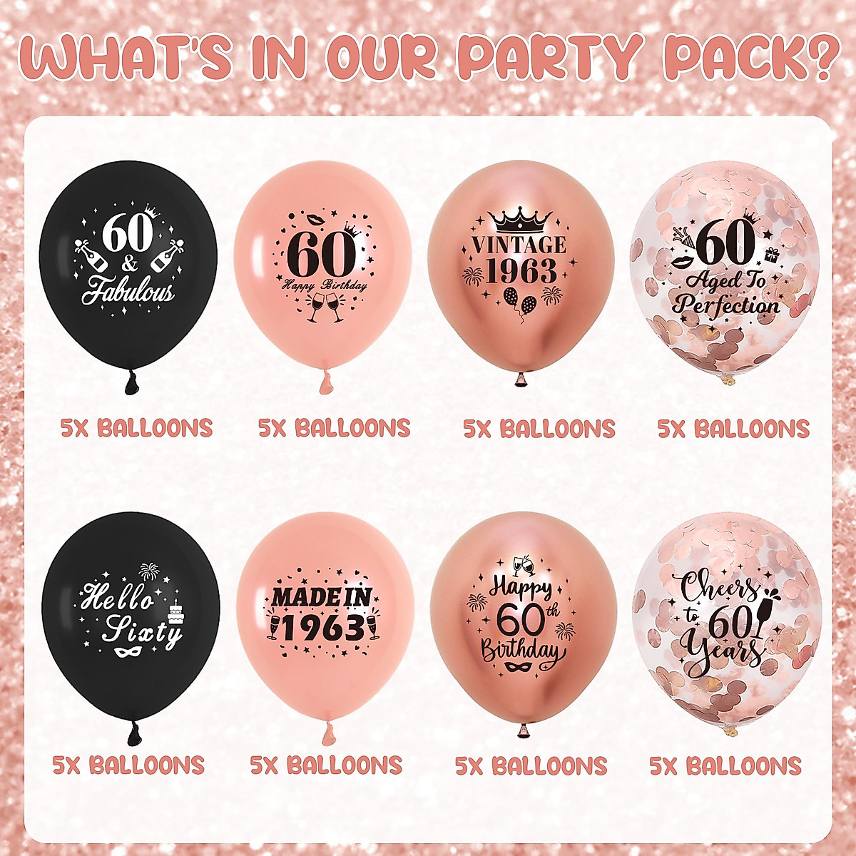 60th Birthday Decorations for Women, 40pcs Rose Gold Theme Party Decorations, Rose Gold Latex Balloons and Confetti Balloons, Happy 60th Birthday Party Anniversary Supplies for Her