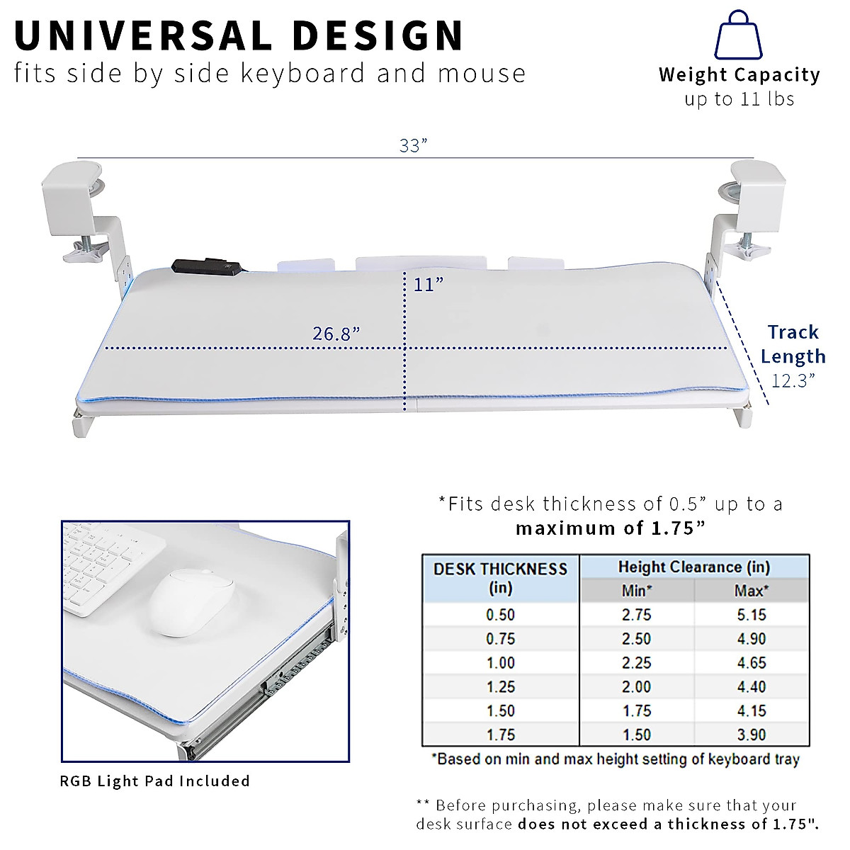 VIVO Large Height Adjustable Under Desk Keyboard Tray with RGB LED Light Mouse Pad, C-clamp Mount, 27 (33 with Clamps) x 11 inch Slide-Out Platform Computer Drawer for Typing, White, MOUNT-KB05GPW