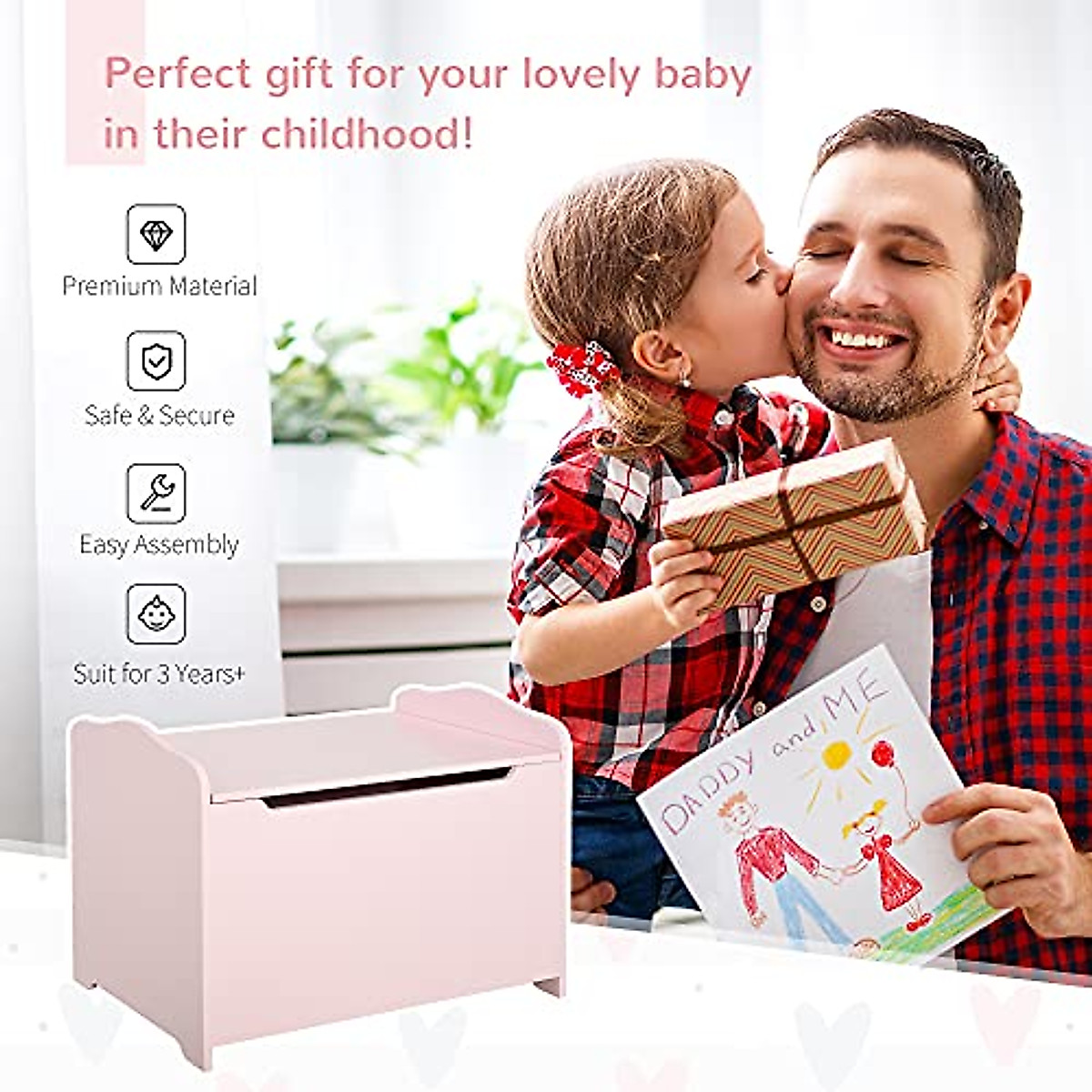 Qaba Kids Toy Chest Wooden Toy Storage Organizer Chest Box with Magnetic Hinge, Large Storage Space, & Groove Handle, Pink