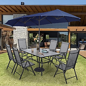 Sophia & William 7 Pieces Foldable Patio Dining Set with 13ft Navy Blue Umbrella, Folding Outdoor Dining Set for 6, Rectangular Metal Patio Table and Sling Chairs Set, Grey