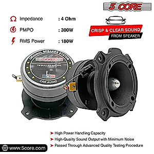 5 CORE The 2 Pieces Black 3.5 Inch Super Tweeter, 4 Ohm, 600 Watts Peak, 105 dB Bullet, 1 in Superior Voice Coil, Pro Bullet Tweeters for Car (Pair) TW Bullet 180 2PCS