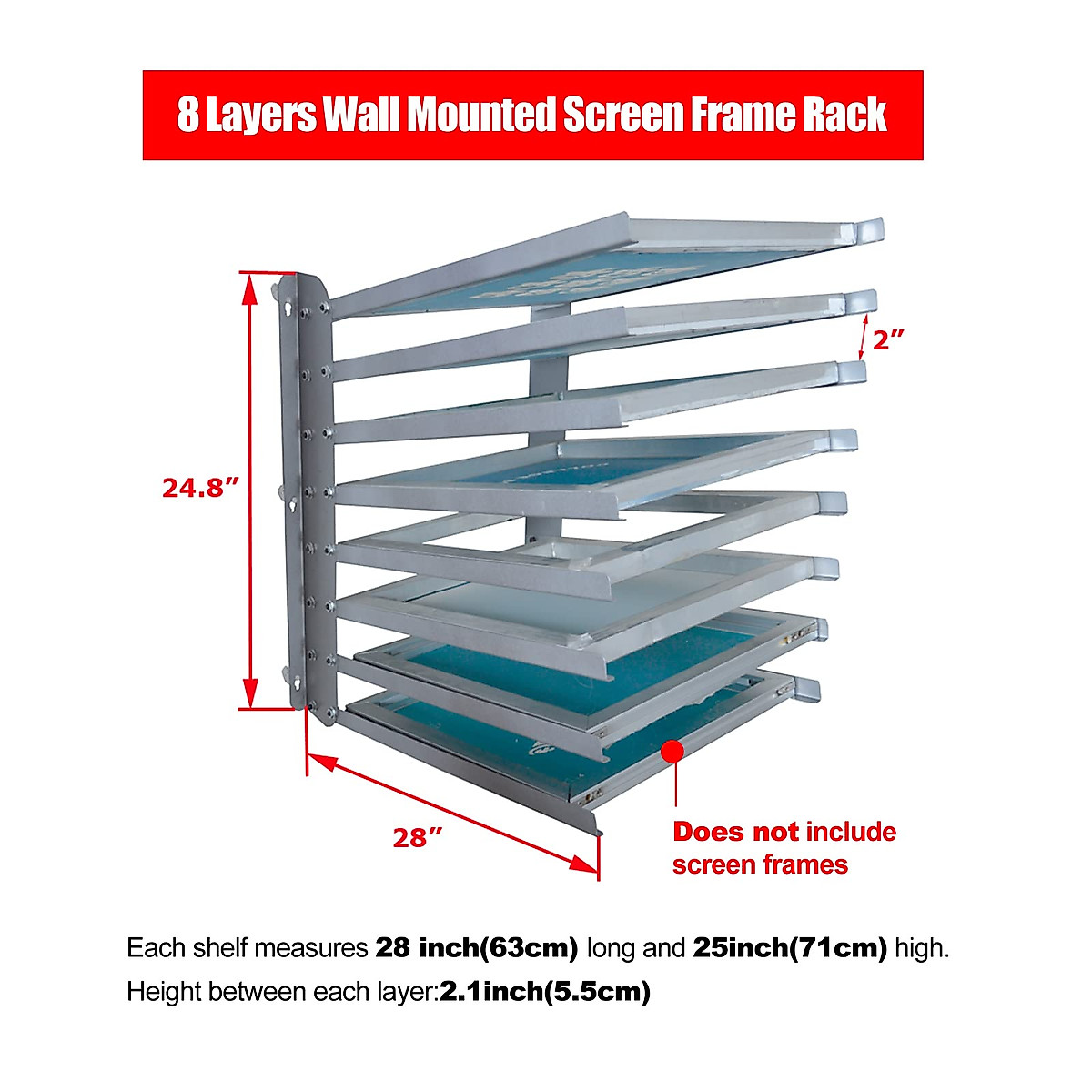 TIANIUSEEN 8 Layers Wall Mounted Screen Frame Rack 25 x 28inch Screen Printing Drying Rack Shelf Storage Screen Frame Holder