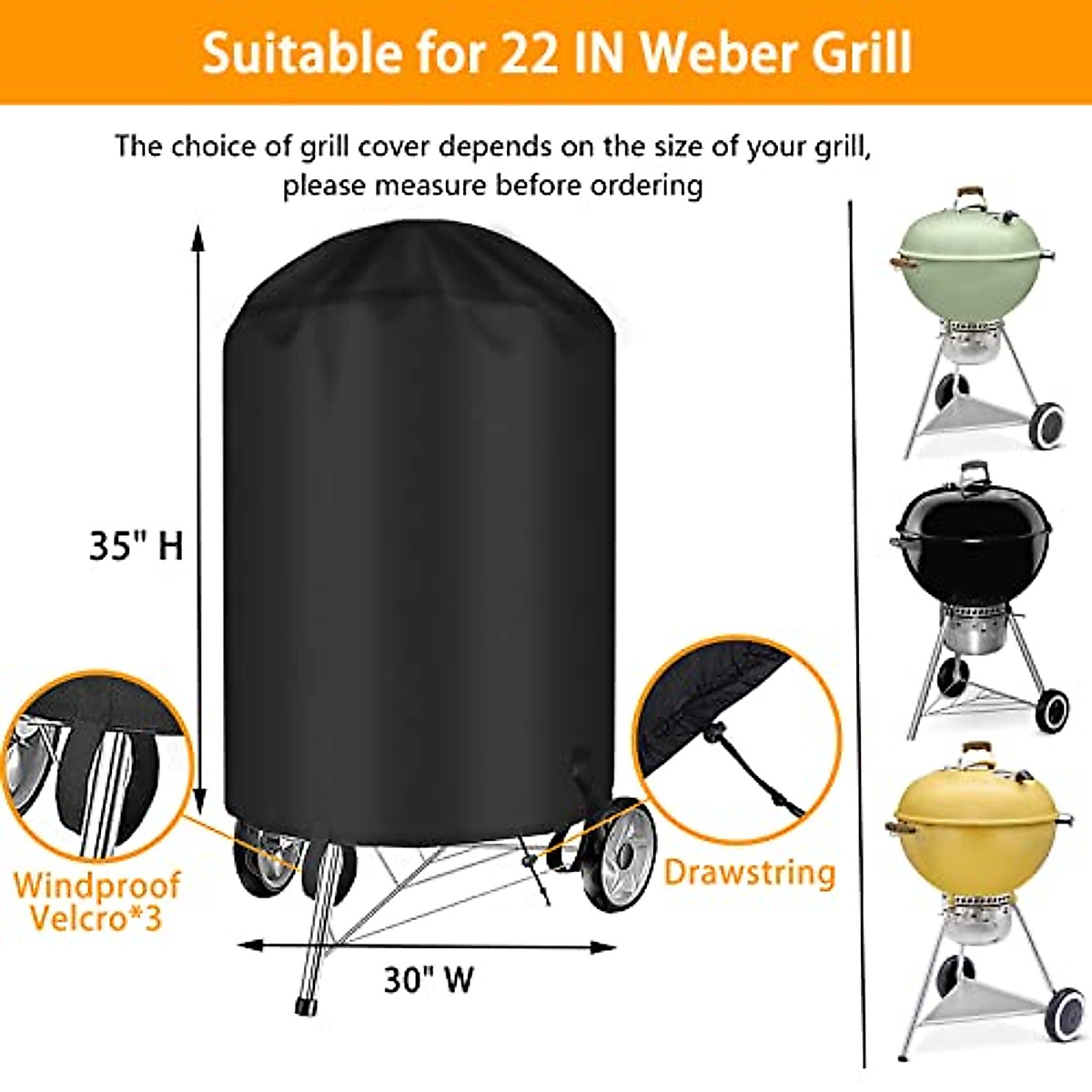 Aoretic 22 Inch Charcoal Grill Cover for 22 inch Weber Grill- Kettle BBQ Gas Grill Cover with Hook&Loop and Drawstring,Waterproof and Anti-UV Material for All Season (22 inch)