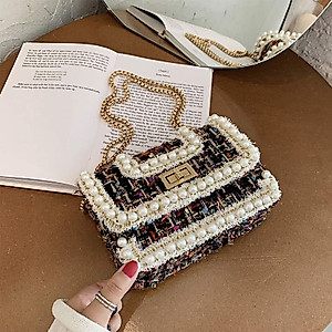 Aitian Designer Tweed Pearl Chain Purse - Fashion Crossbody Bags for Women and Shoulder Purses and Handbags Quilted Leather Designer Bags for Women Crossbody Bag with Chain