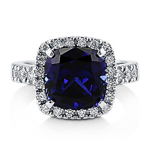 BERRICLE Sterling Silver Halo Simulated Blue Sapphire Cushion Cut Cubic Zirconia CZ Statement Cocktail Fashion Ring for Women, Rhodium Plated Size 6
