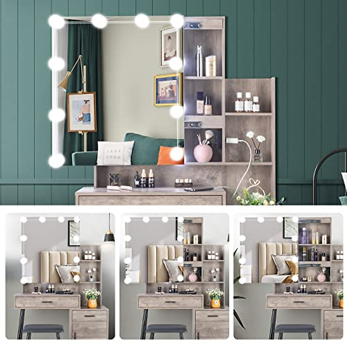 3-color Lighted Mirror Cabinet with Stool - Vanity Desk and Cushioned Chair - Sliding Mirror Makeup Desk - 2 Drawers 1 Door Cabinet 2 Shelves - Charging Station - Screen Touch Switch - Retro Grey