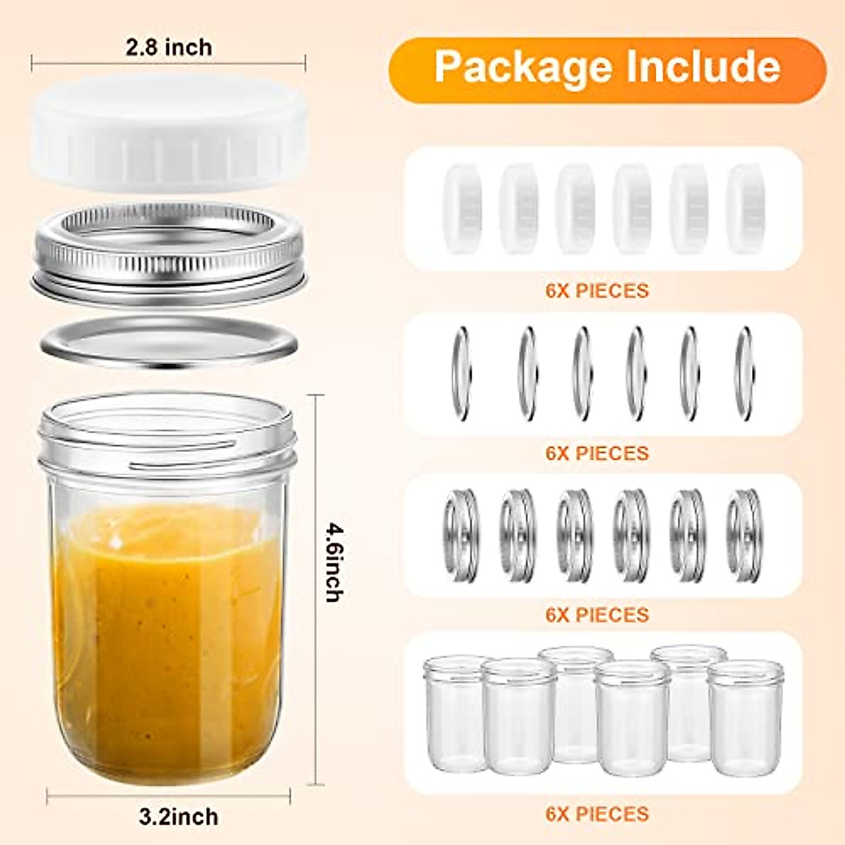16 oz 6 Pack Glass Mason Jars with Plastic and Metal Airtight Lids Regular Mouth Glass Jars Clear Canning Jars for Food Storage Overnight Oats Food Snacks Candies DIY Projects (Wide Mouth)