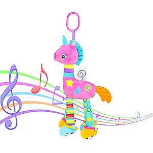 KAKIBLIN Baby Car Seat Toy, Baby Stroller Toys, Soft Hanging Rattle Baby Toy Teething Stuffed Toy, Animal Plush Wind Chime with Teether and C-Clip Ring for Infant(Pink)