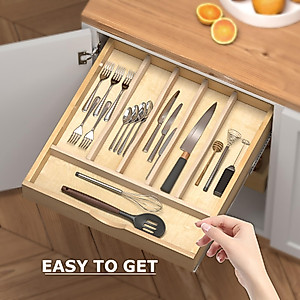 WelFurGeer Flatware Organizer for Drawer, Utensil Organizer for Kitchen Drawers, Wood Cutlery Tray Organizer in Drawer, Flatware Drawer Organizer for Silverware, Flatware in Kitchen (Natural)