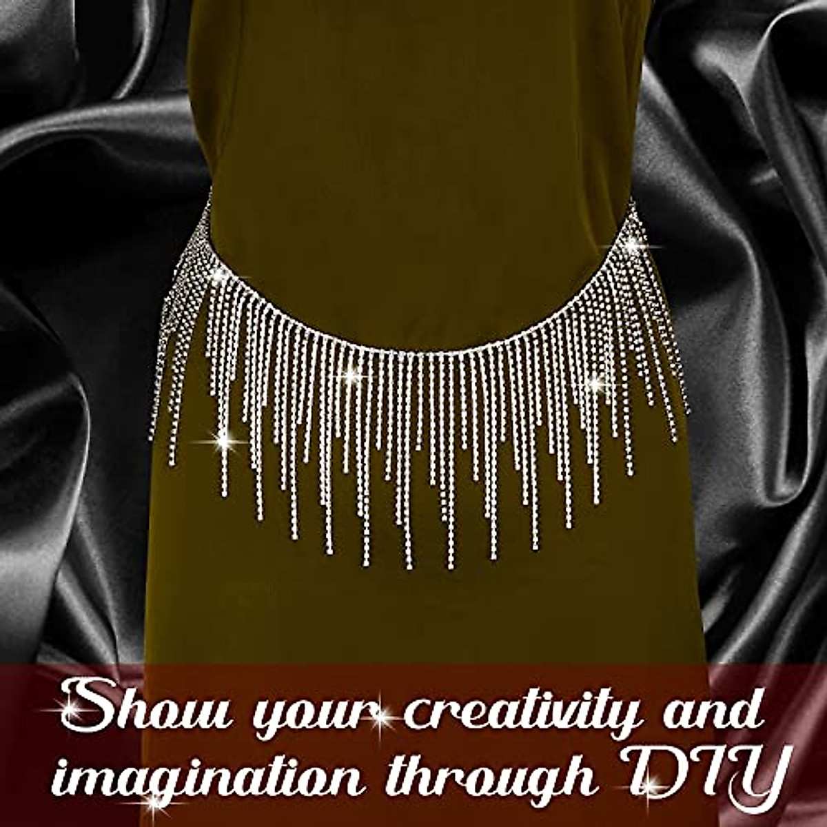 MTLEE Trim Rhinestone Fringe Belt Beaded Ribbon Tassel Chain for Jeans Clothing Accessories DIY Decoration (1 Yard, Silver)