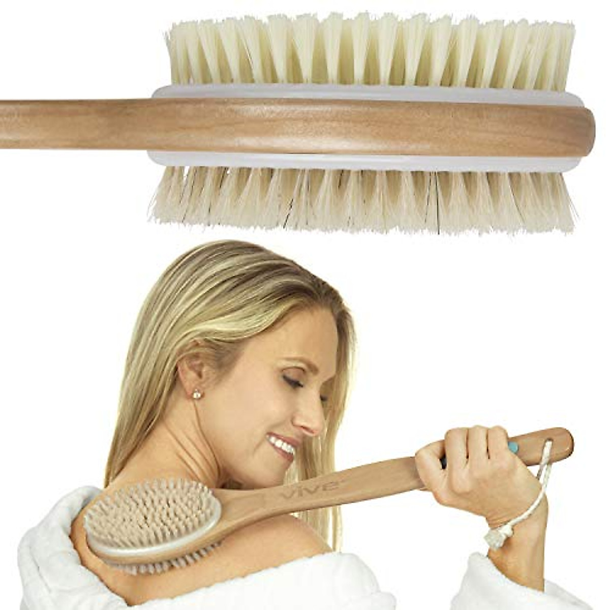 Vive Back Scrubber Brush for Shower - for Dry or Wet Body Brushing - Long Handle - Cleaning Lymphatic Drainage Handled Washer for Men, Women - Showering Bathing Exfoliator with Soft & Stiff Bristles