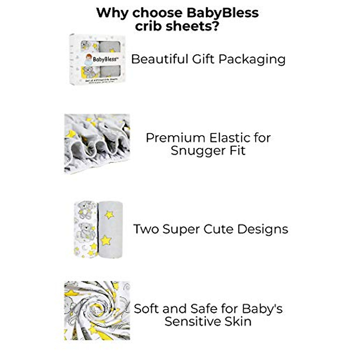 Organic Crib Sheets (2 Pack) - 100% Organic Jersey Cotton Fitted Crib Sheets for Standard Crib and Toddler Mattresses |Star and Bear Print | (Grey, Yellow, White)