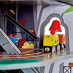 Hape Wooden Railway Mighty Mountain Mine Railway Playset| 4-Level Railway Train Track Playset with Crane and Magnetic Train Cars for Kids