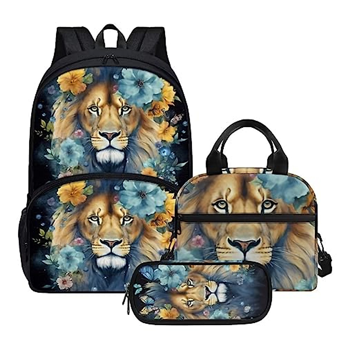 Pinupub 3 In 1 Kids Backpack Set Blue Lion Flowers Print 17 Inch Large Elementary School Bag With Lunch Bag And Pen Bag