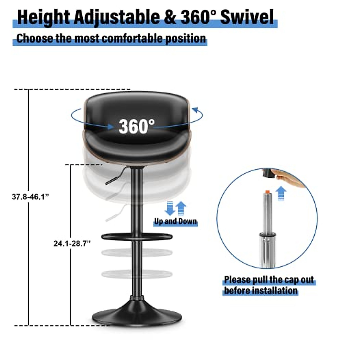 Aowos Adjustable Swivel Bar Stools Set of 2, Mid-Century Modern PU Leather Upholstered Counter Height Bar Stool, Kitchen Island Barstoosl with Back, Black