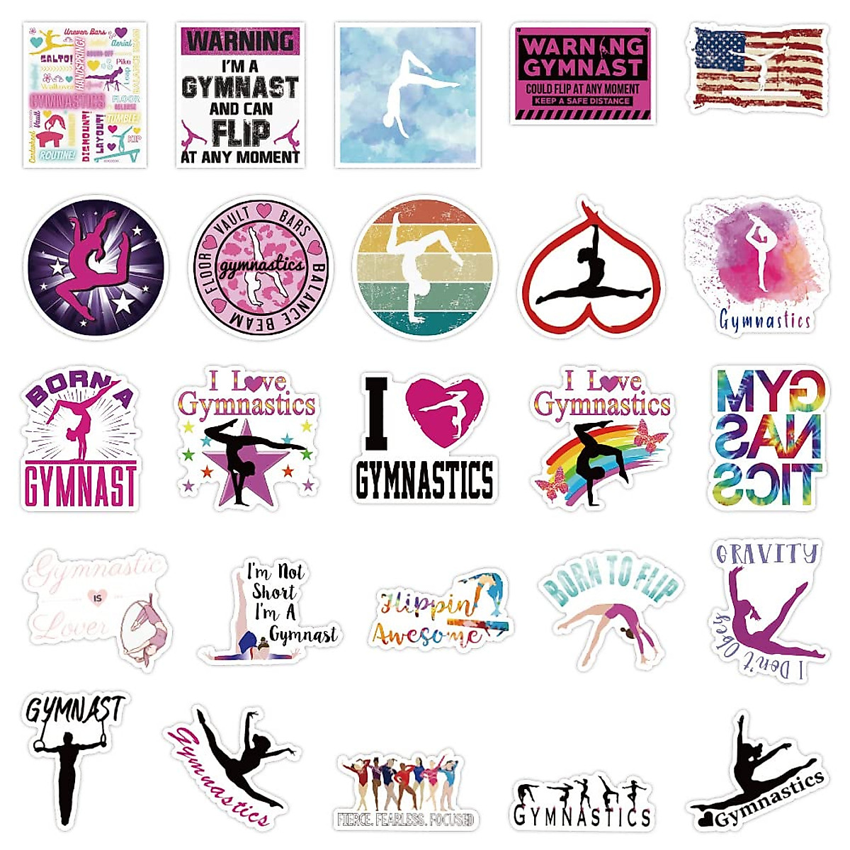 Gymnastics Stickers | 53pcs Vinyl Waterproof Gymnastics Stickers for Scrapbooking, Water Bottles, Girls Room Décor, Walls, Dance Silhouette Tumbling Decal Gifts for Girls and Teenagers