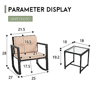 FDW Wicker Patio Furniture Sets Outdoor Bistro Set Rocking Chair 3 Piece Patio Set Rattan Chair Conversation Set for Backyard Porch Poolside Lawn with Coffee Table,Black