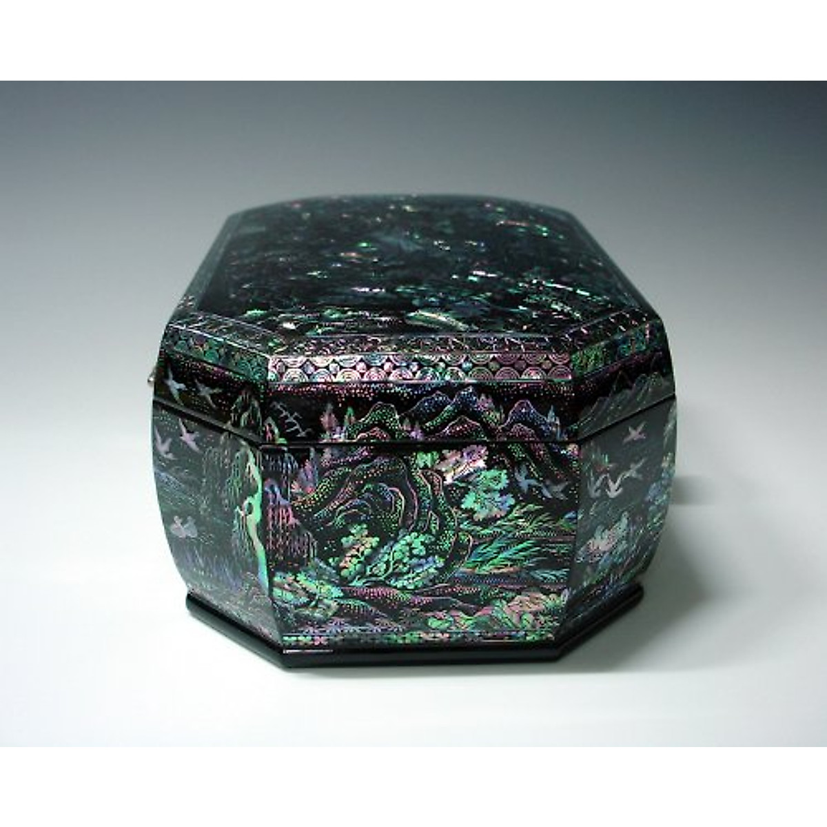 Mother of Pearl Inlaid Landscape Design Lacquered Black Octagonal Luxury Wooden Asian Handcrafted Jewelry Trinket Keepsake Treasure Box Case Chest Organizer
