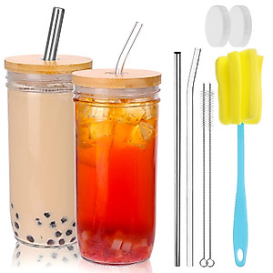 Moretoes 2pcs 24oz Glass Cups with Lids and Straws, Mason Jar Glass Cups, Glass Iced Coffee Cups Set for Jumbo Smoothie, Bubble Tea, Cold Brew, Soda,