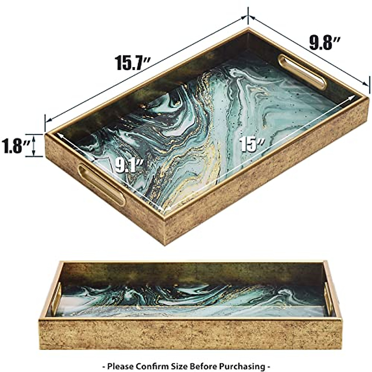Decorative Coffee Table Tray, 15.7" x 9.8" Rectangle Breakfast Serving Tray with Handles, Unique Printed Glass Trays for Coffee Table, Ottoman(White and Green)