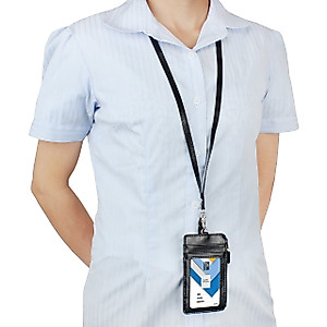 Badge Holder with Zipper, Wisdompro School Supply 2-Sided PU Leather College ID Badge Holder with 1 ID Window, 4 Card Holder Slots, 1 Side Pocket and 20 Inch Leather Neck Strap Lanyard -Vertical Black