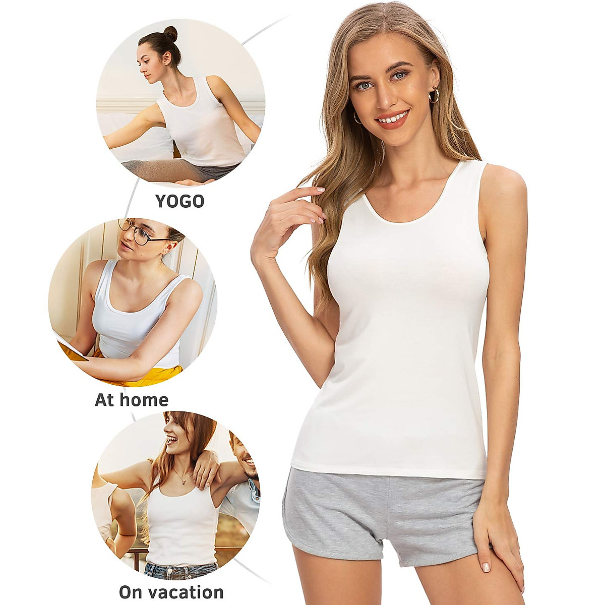 Rosyline 4 Piece Women Tank Tops Basic Sleeveless Undershirt Layering Tanks Black/Grey/White/Pink M