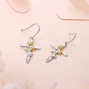 Cross Earrings 925 Sterling Silver Sunflower Dangle Earrings Sunshine Cross Dangle Drop Religious Jewelry Christian Baptism Gift for Women
