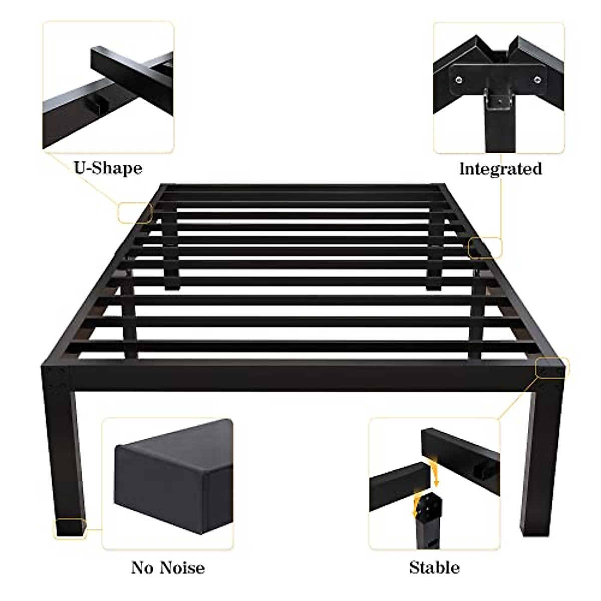 yookare 18 Inch Tall and Strong Platform Metal Bed Frame/Easy Assembly Mattress Foundation/ 4000lbs Heavy Duty Frame with Steel Slat Support/No Noise/No Box Spring Needed，Twin