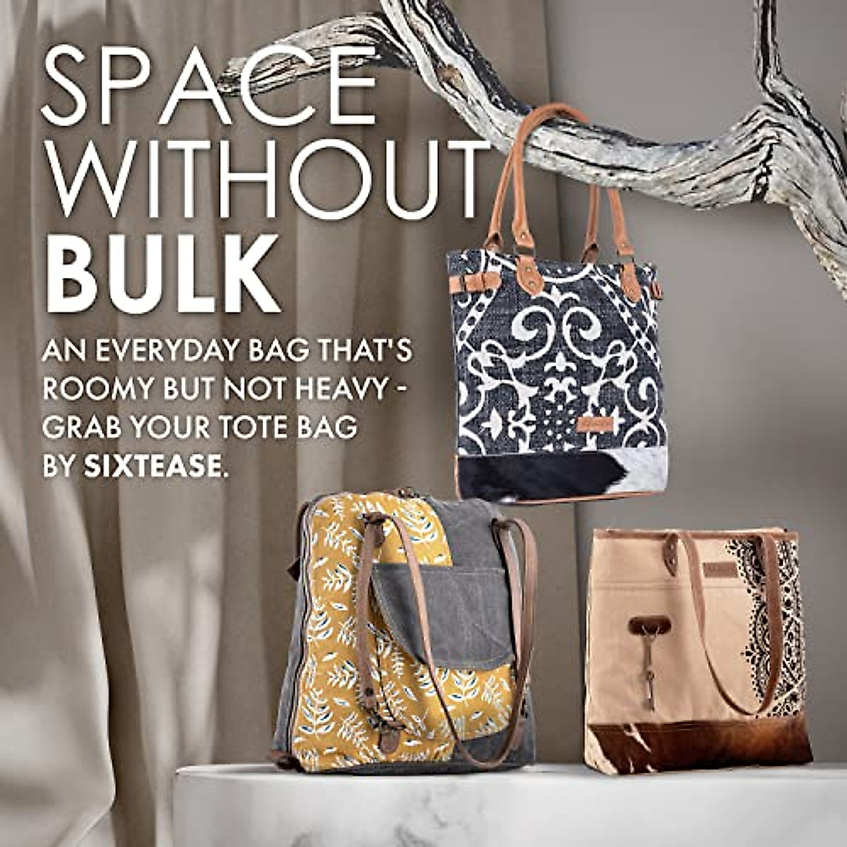 SIXTEASE Tote Bags for Women Large Tote Bag with Zipper Top - Genuine Leather Strap, Upcycled Canvas, Rug, Hair On and Hardware Accents - Vintage Style Hand Stitched - Emblem