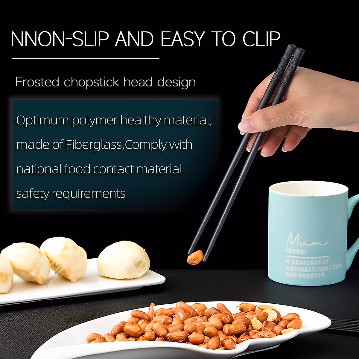 200 Pairs Fiberglass Chopsticks Reusable Chopsticks Dishwasher Safe 9.4 Inches/24cm Non-Slip Japanese Style Sushi Chop Sticks, Black