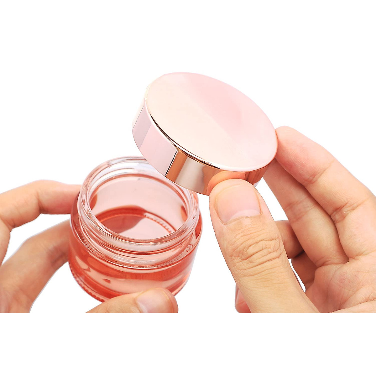 Pink Glass Cream Jar,4 Pack 1.7 oz/50g Face Lotion Jar Pot,Empty Refillable Glass Cosmetic Cream Bottle Container With Rose-Golden Cover,Inner Liners for Moisturizer,Eyeshadow,Makeup Emulsion