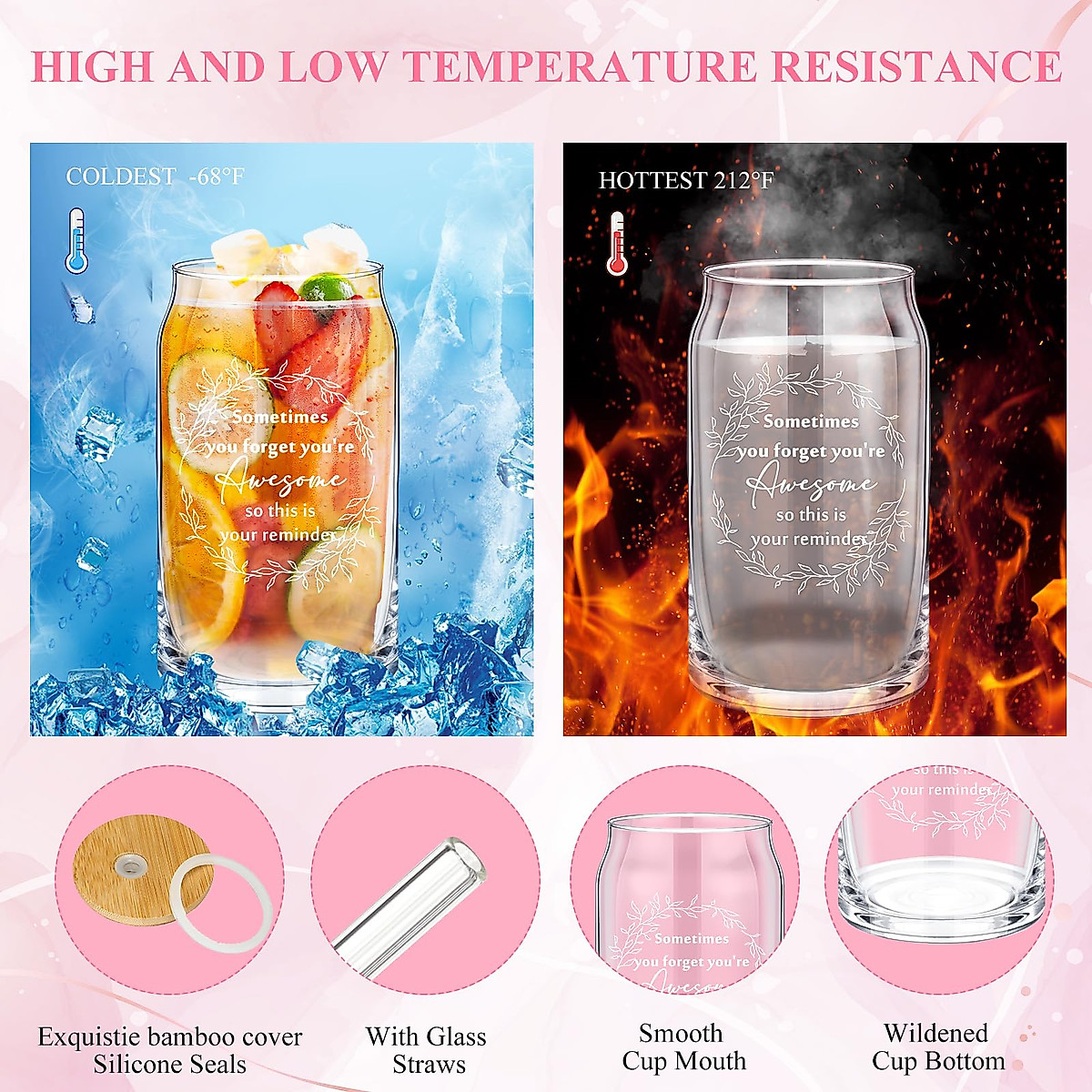 Yaomiao 3 Pcs Christmas Employee Appreciation Gift for Women Thank You 16 oz Glass Cup Makeup Bag Keychain for Teacher(Awesome)