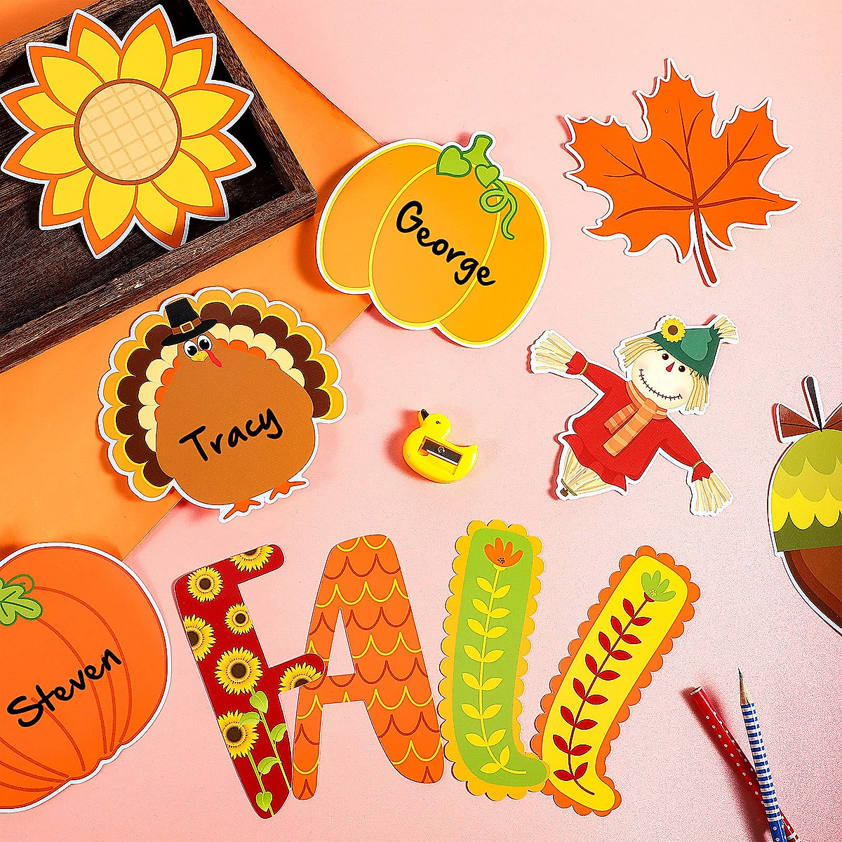 45 Pieces Fall Bulletin Board Decorations Turkey Pumpkin Maple Leaves Sunflower Cutouts Thanksgiving Happy Fall Cutouts for Classroom Bulletin Border Decoration