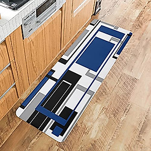 Kitchen Rugs and Mats Set -1 Pcs Non-Slip Cushioned Carpet Front of Sink Modern Abstract Geometric Washable Floor Doormat Area Runner Royal Blue Black Grey Color Blocks Absorbent Bathroom Rugs