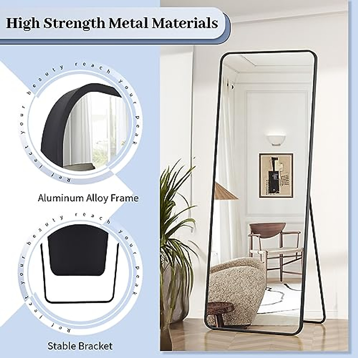 BEAUTYPEAK Black Full Length Mirror, 65"x22" Rounded Corner Floor Mirror Standing Hanging or Leaning Against Wall Dressing Room Mirror Full Length