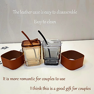 YULUDZSW Thick Wall Insulated Glass Cups With Lids Leather Case And Straws, Coffee Cup, Iced Tea Cup, For Beer, Cocktail, Coffee,Milk, Fruit And Vegetable Drinks, Etc.(Amber/16 oz)