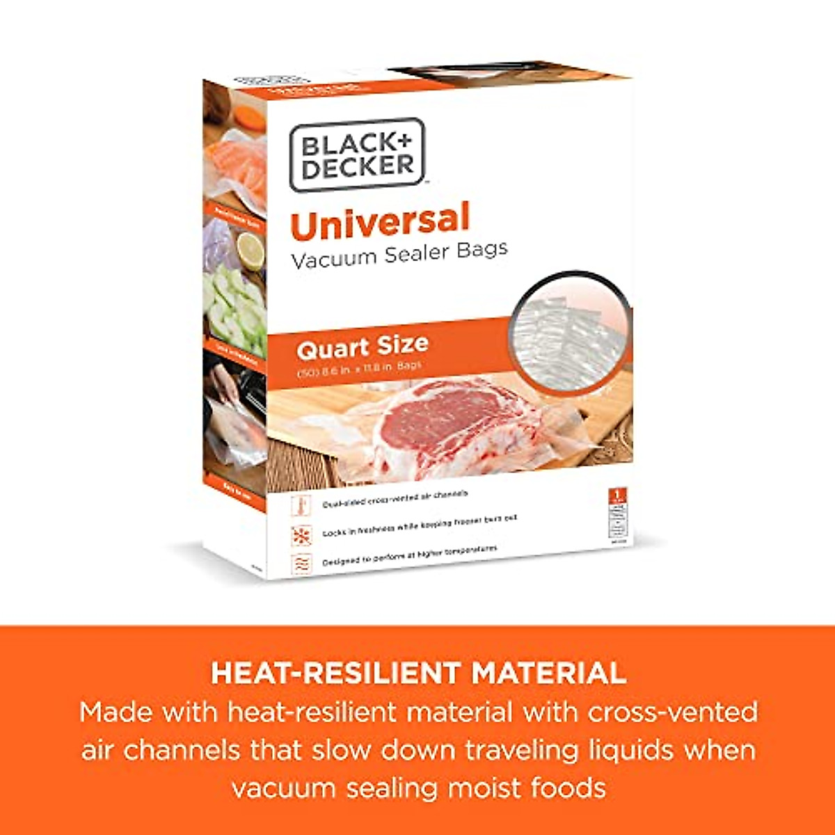 Black + Decker Vacuum Sealer 12" x 8" Quart-Sized Bags, 50 Count, Use for Sous Vide or Meal Prep, BPA Free, Dishwasher Safe, Tear Resistant, Safe to Microwave, Boil, or Freeze