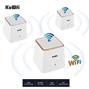 KuWFi Mesh Wi-Fi System, Gigabit WiFi Mesh Network Cover, Replaces WiFi Router and Extender, Whole-Home 6000 Sq. ft. Coverage, Seamless High-Performance Wireless WiFi Booster (3 Pack)