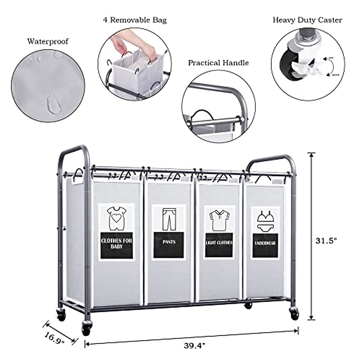 C&AHOME 4-Bag Laundry Sorter Cart, Rolling Laundry Hamper Organizer, Laundry Basket Sorter, Removable Bags with 6 Sorting Cards and Heavy Duty Rolling Lockable Wheel for Clothes Storage, Grey ULSCM04G