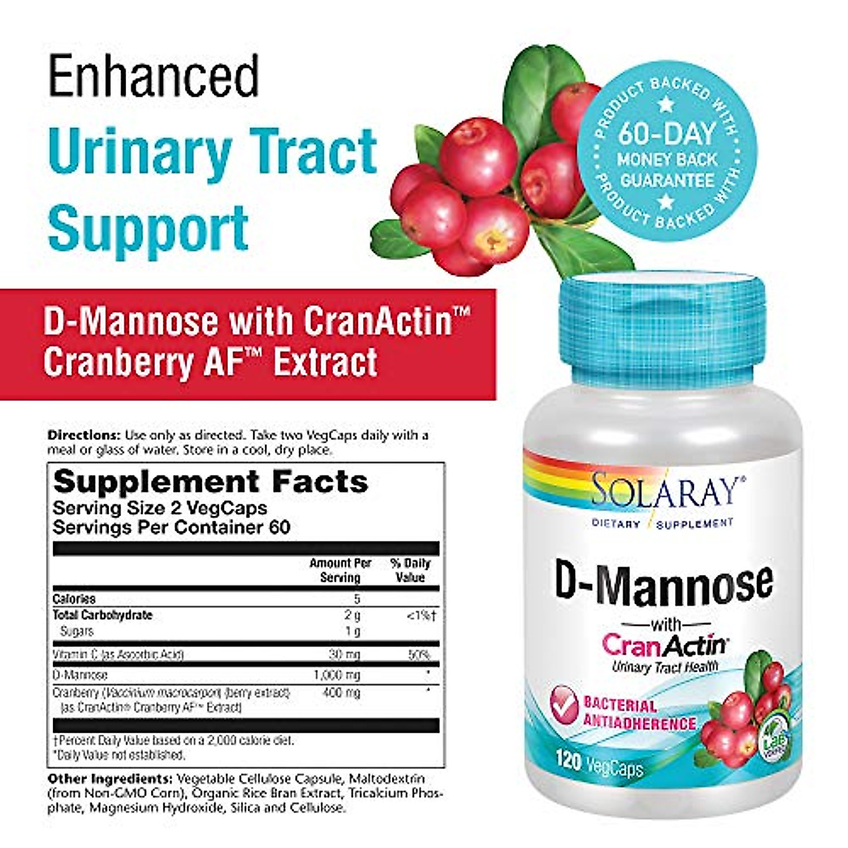 SOLARAY D-Mannose with CranActin Cranberry Extract 1000mg | for Normal, Healthy Urinary Tract Support | with Vitamin C | Non-GMO & Vegan | 120 Count | 2 pk