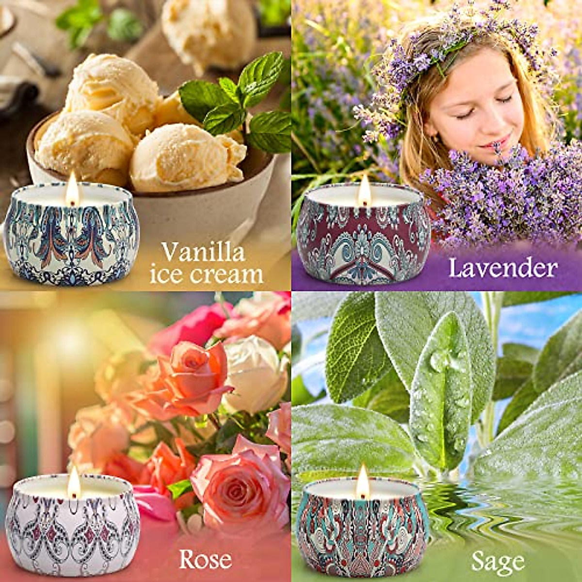 Scented Candles Gifts for Women Mom, 8% Essential Oil, 4 Pack Soy Candles for Home Scented, 120H Burning Time, Stress Relief Gifts for Girlfriend, Teacher, Mom, Anniversary, Birthday