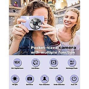 Digital Camera, Lecran FHD 1080P 36.0 Mega Pixels Vlogging Camera with 16X Digital Zoom, LCD Screen, Compact Portable Mini Cameras for Students, Teens, Kids (Purple)
