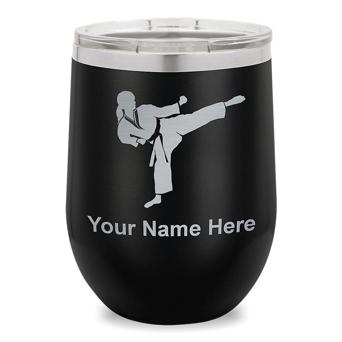LaserGram Double Wall Stainless Steel Wine Glass Tumbler, Karate Woman, Personalized Engraving Included (Black)