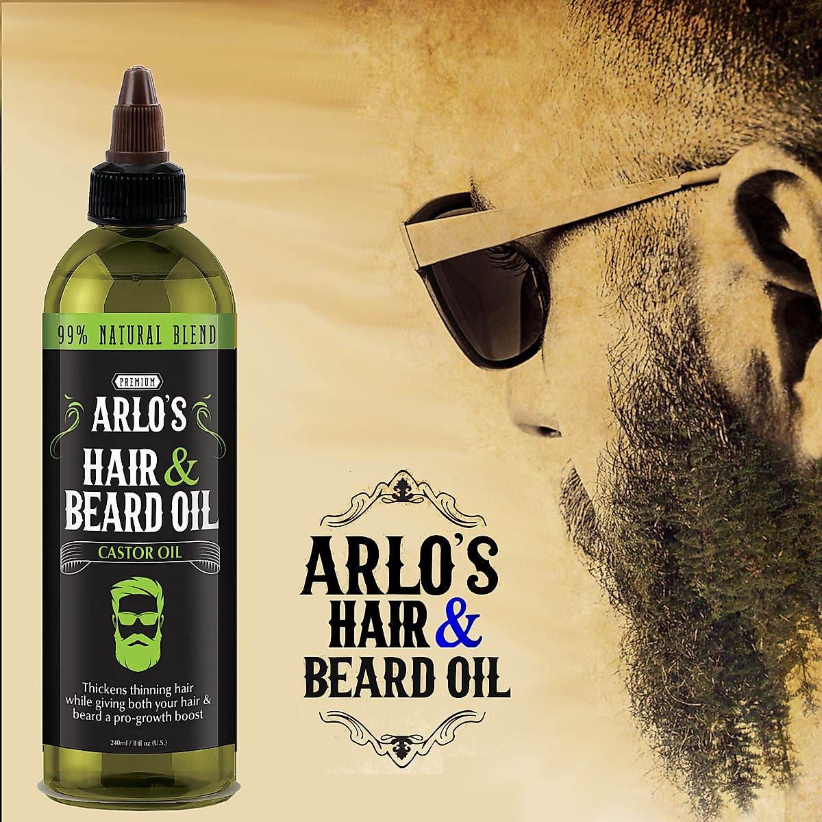 Arlo's Hair and Beard Oil with Castor Oil 8 oz. - Hair Oil, Mustache Oil and Beard Oil Growth