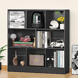 YAHARBO Black Wide Bookshelf,3 Tier Modern Horizontal Bookcase,Wood Low Bookshelves Display Storage Cabinet with Base,Floor Standing 8 Cube Large Bookcases Organizer for Bedroom,Living Room,Office