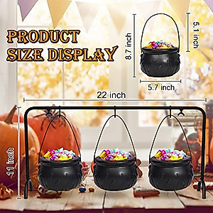 Rocinha Halloween Candy Bowls Decoration, 3 Pcs Witches Cauldron Serving Bowls with Iron Rack, Black Plastic Hocus Pocus Candy Bucket for Halloween Party Indoor Outdoor Home Kitchen Decorations